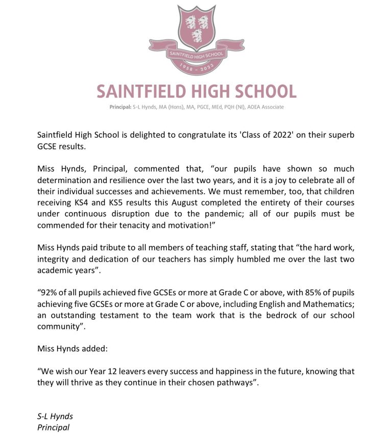 GCSE RESULTS DAY - Saintfield High School