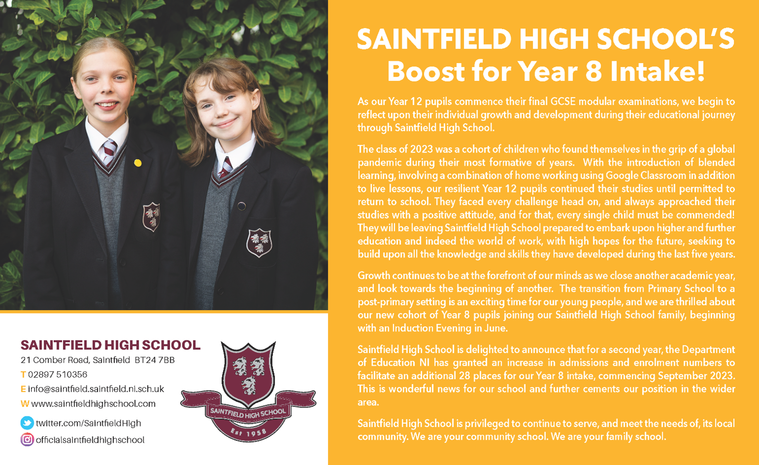 Year 8 Intake 2023 2024 Saintfield High School